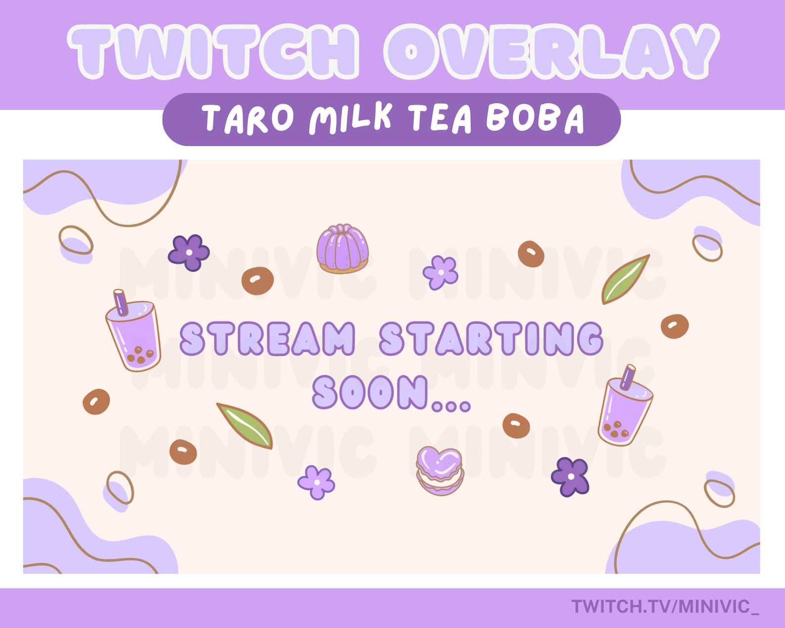 Animated Cute Purple Taro Milk Tea Boba Twitch Overlay Screens for ...