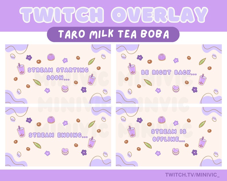 Animated Cute Purple Taro Milk Tea Boba Twitch Overlay Screens for ...