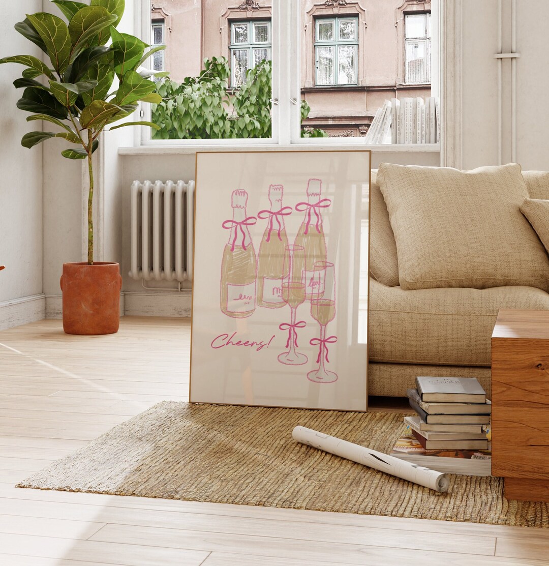 Champagne Art Coquette Room Decor Preppy Wall Art Pink Dorm Room Decor ...