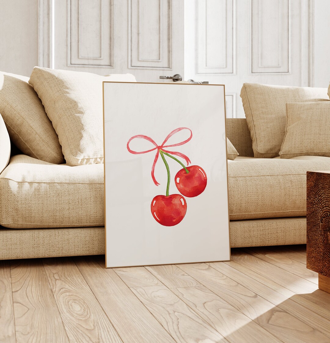 Cherry Wall Art Coquette Room Decor Soft Pink Bow Poster Red Cherry Art ...
