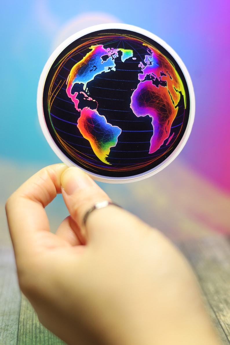 Holographic Earth Space Sticker Holo Planet Globe Map Graphic Dark Neon ...