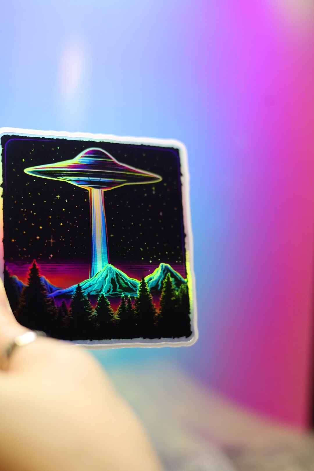 Holographic UFO Sticker Retro 80's Abduction Flying Saucer Graphic ...