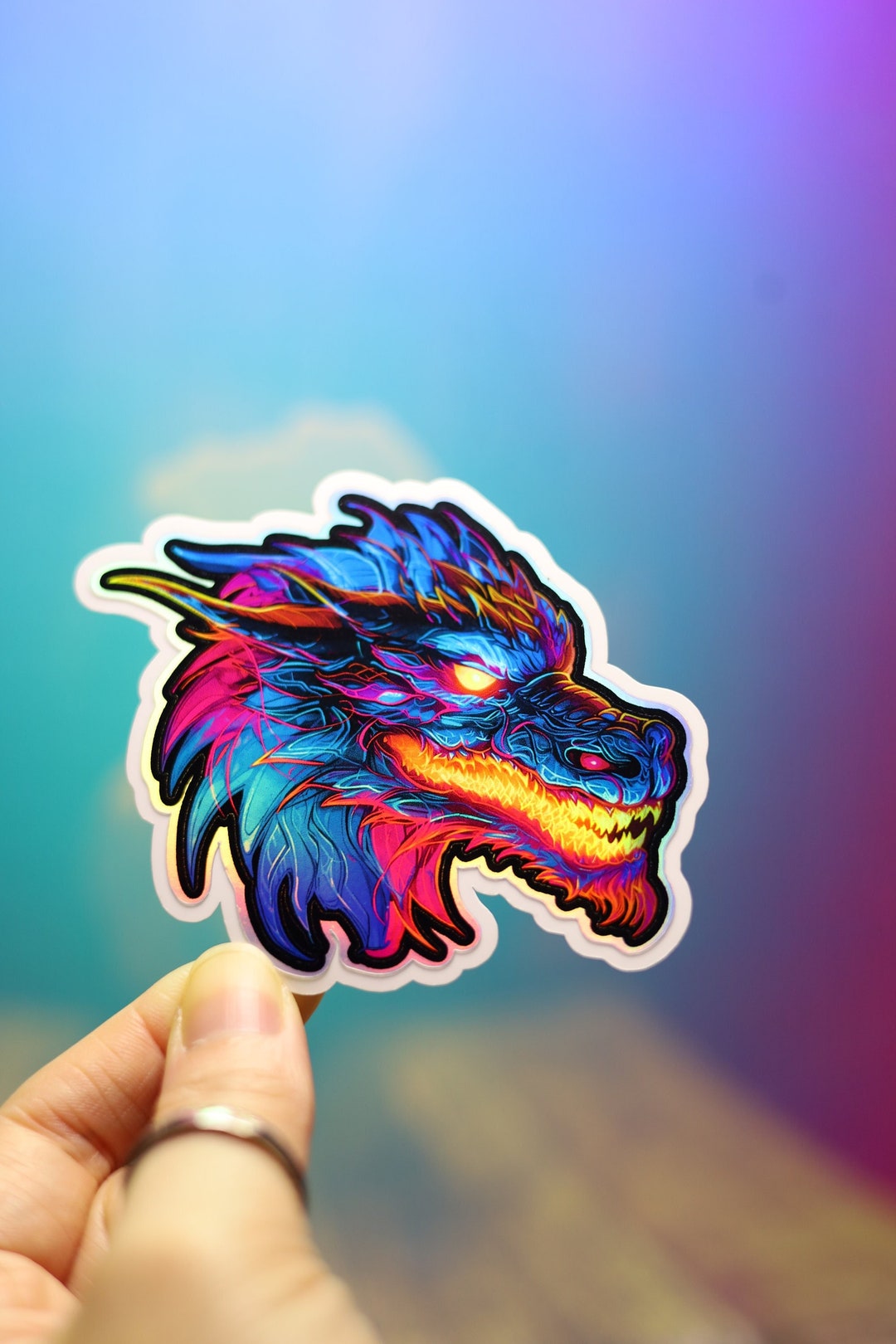 Holographic Dragon Sticker, Neon Fire Breathing Holo Decal, Magnet - Etsy
