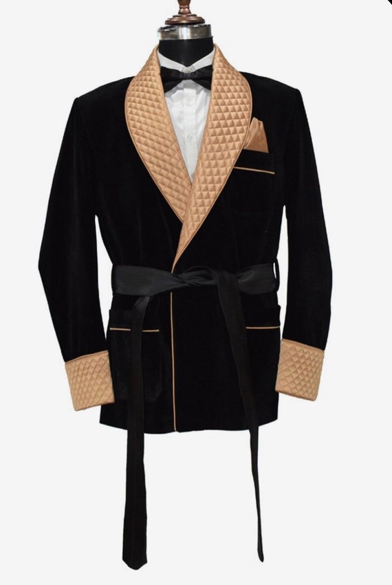 Men's Black Velvet Smoke Jacket Golden Satin Quilted Robe Men's Black Velvet Smoke Jacket Golden Satin Quilted Robe