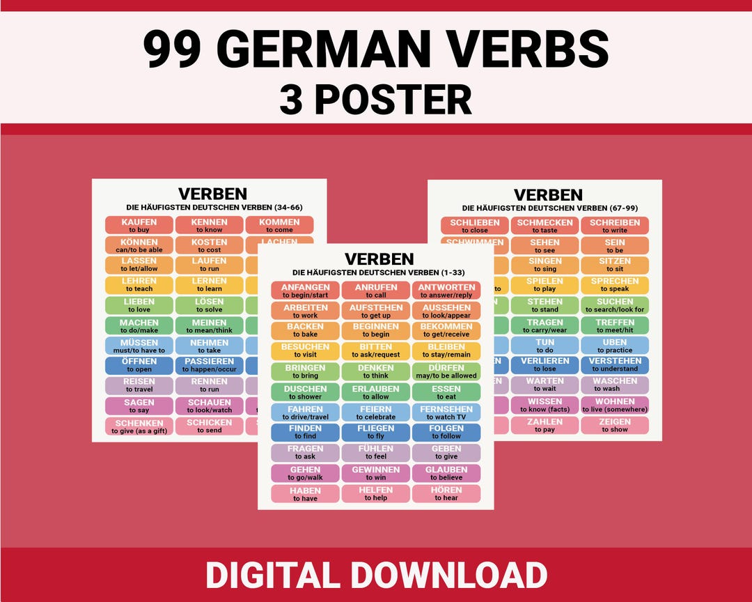 German Language, MOST USED VERBS in German, 99 German Verbs Chart ...