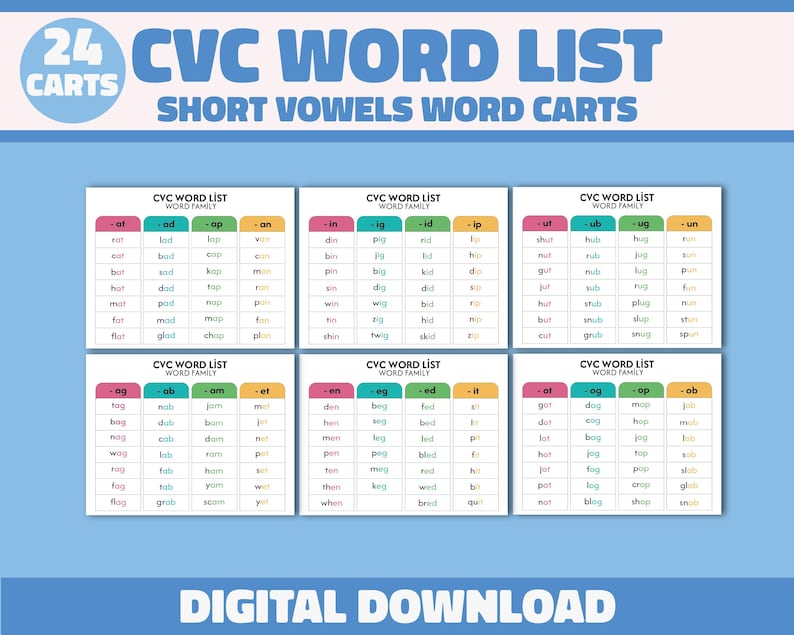 Learn to Read CVC Words, Phonics Cards Printable, Kindergarten Reading ...