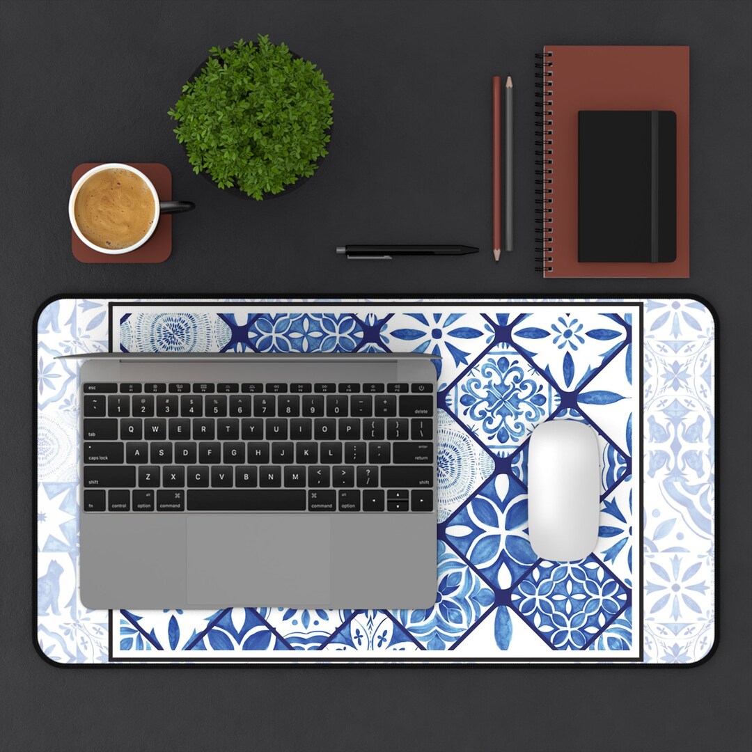 Blue and White Tile Desk Mat Desk Pad Mouse Pad Gaming Keyboard Office ...