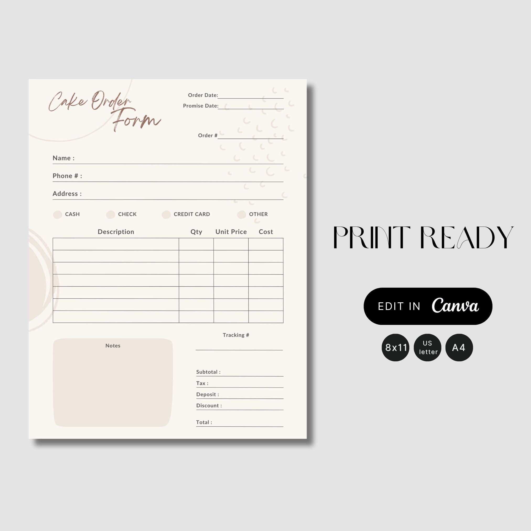 Cake Order Form Template for Small Business, Printable Cake Order Form Google Docs, Order Form ...