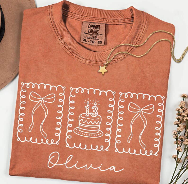 13th Birthday Shirt – Doodle Girly Coquette Bow Tee, Personalized Name ...