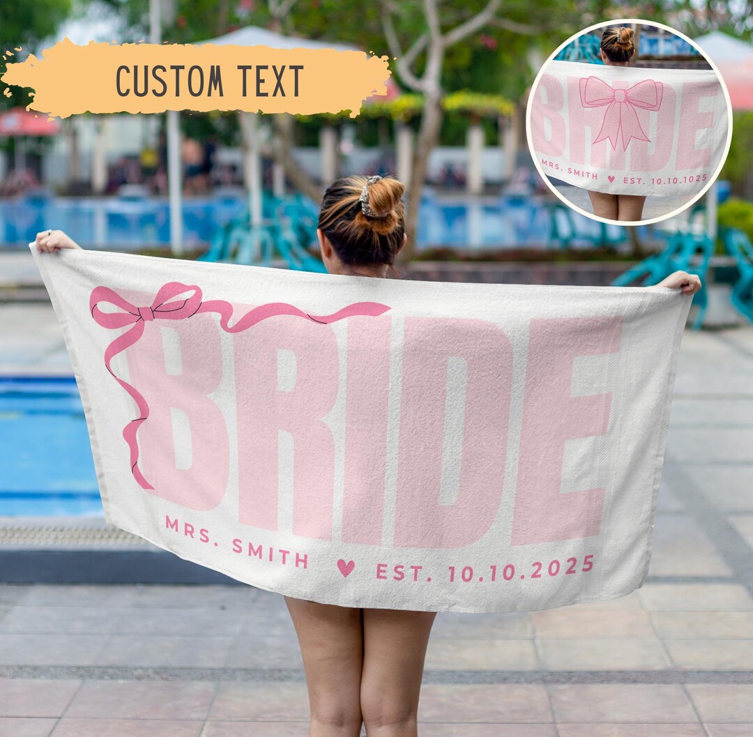 Personalized Pink Coquette Bow Bride Beach Towel,custom Mrs Name Beach ...