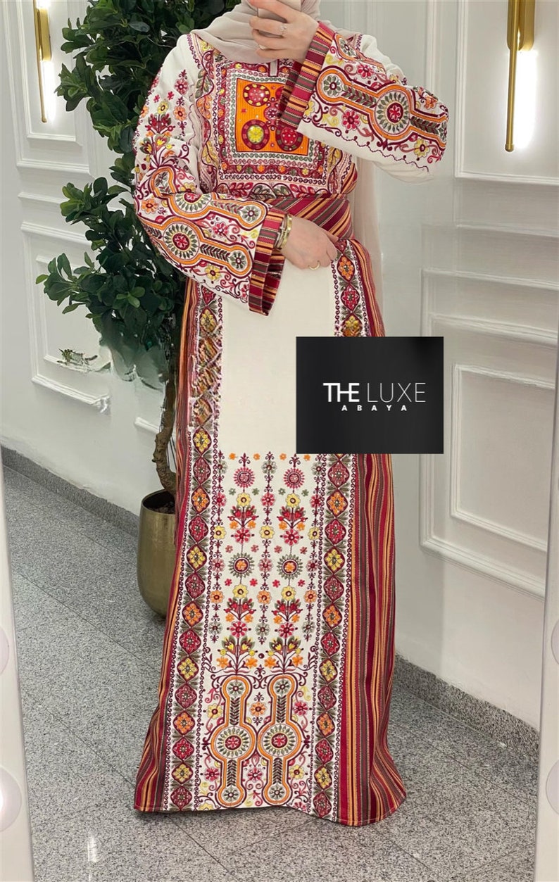 White Thobe Embroidered Palestinian Dress Long Sleeves Kaftan ...