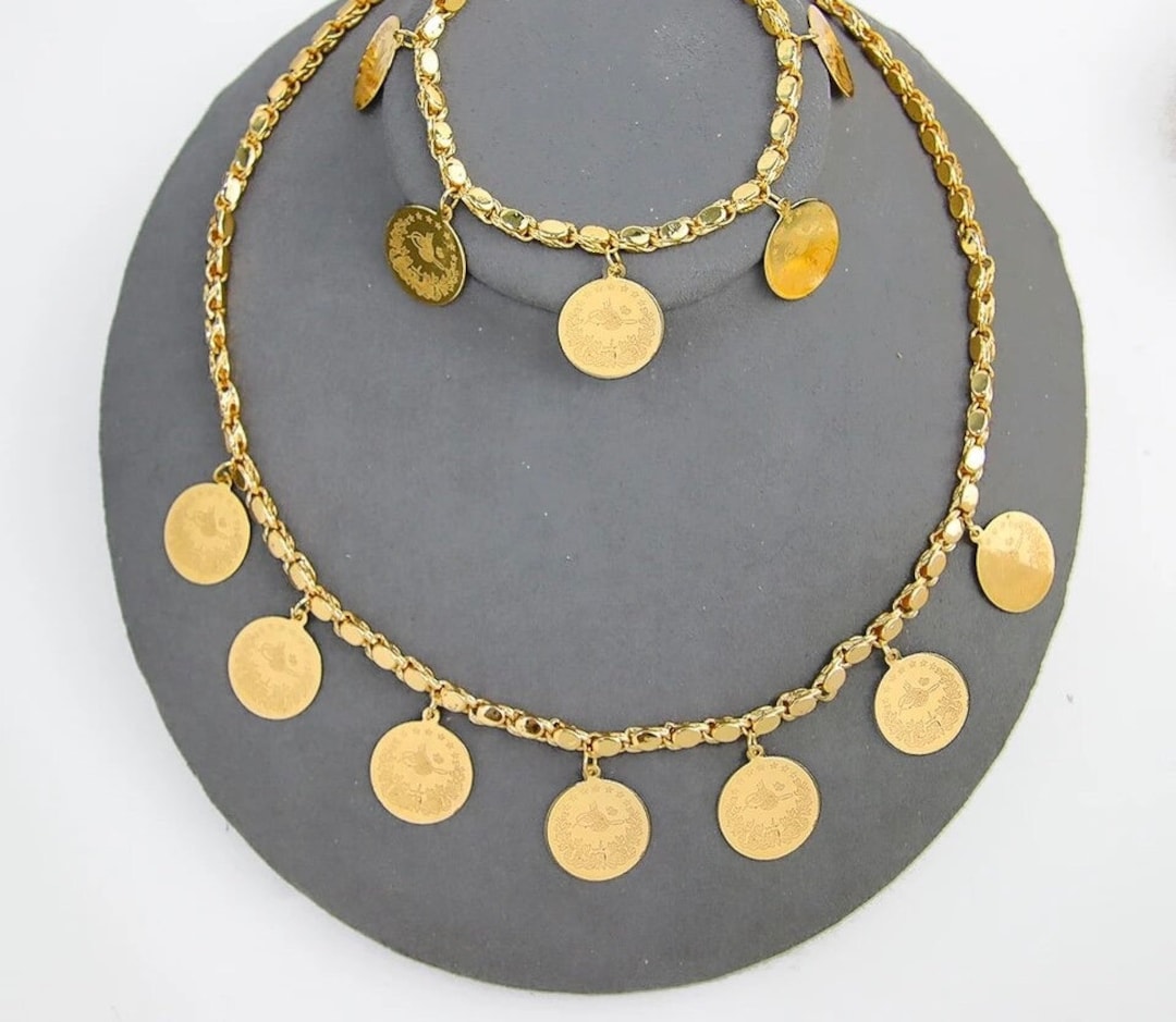 24k Gold Plated Lira COIN Necklace 80CM, Bridal Flower Necklace, Indian ...