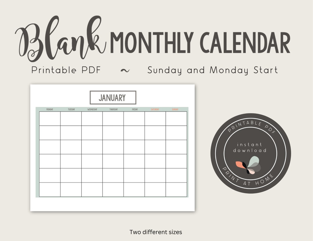 Blank Monthly Calendar Landscape Template, Printable Calendar Blank ...