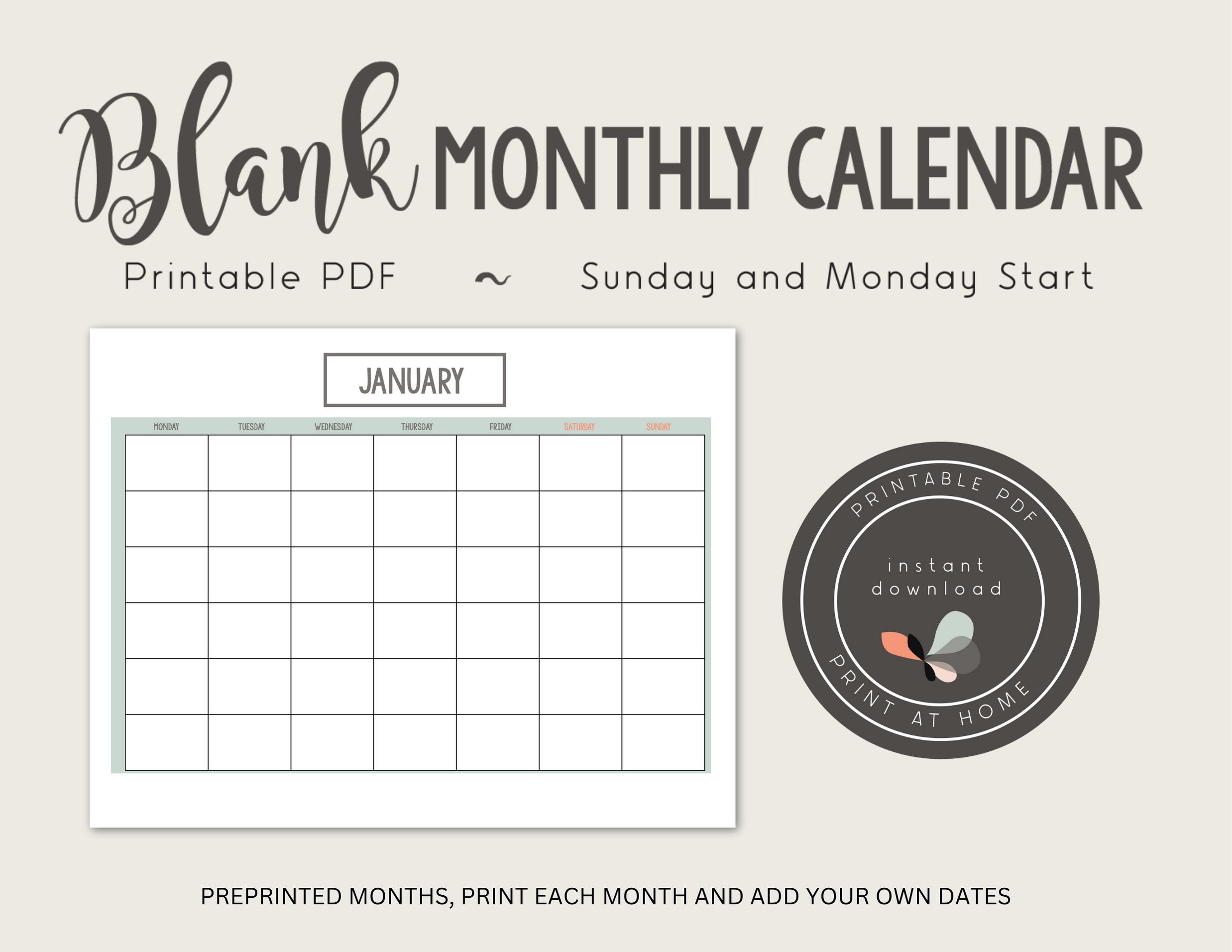 Blank Monthly Calendar Landscape Template Printable Calendar - Etsy