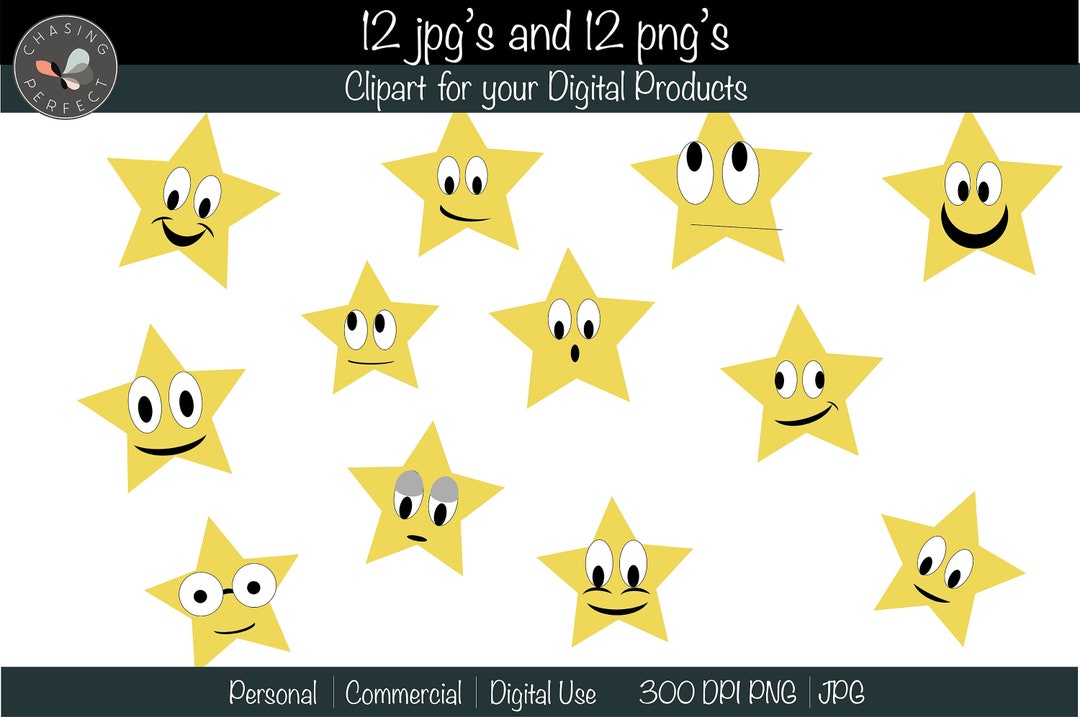 Star Faces Clip Art, JPG & PNG, Yellow Stars With Fun Faces - Etsy