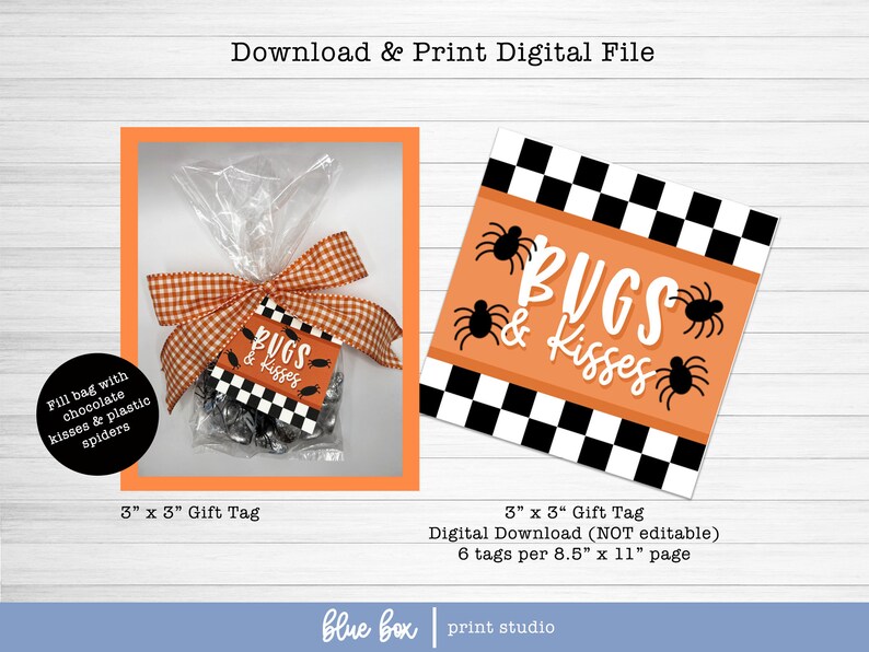 Digital Download Halloween Gift Tag, Bugs and Kisses Gift Tag ...