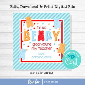 Editable Printable Gift Tag Teacher Appreciation Beary Glad You're My ...
