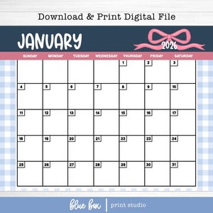 2026 Calendars Landscape Printable Download Pink Bow Gingham Preppy ...