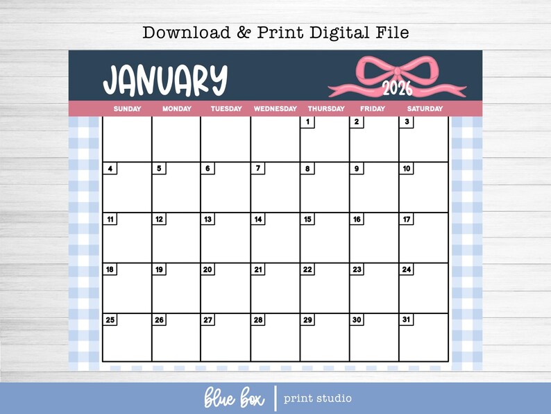 2026 Calendars Landscape Printable Download Pink Bow Gingham Preppy ...
