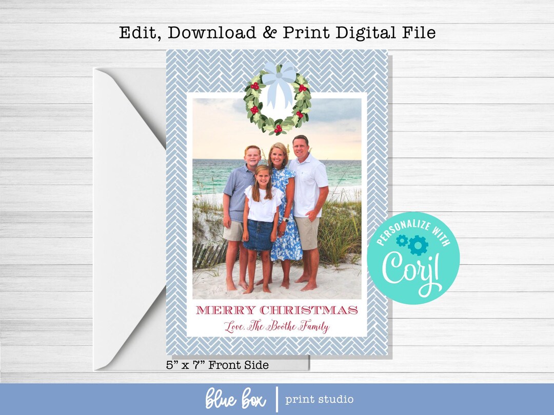 Editable Printable Merry Christmas Photo Card Customize Wreath ...