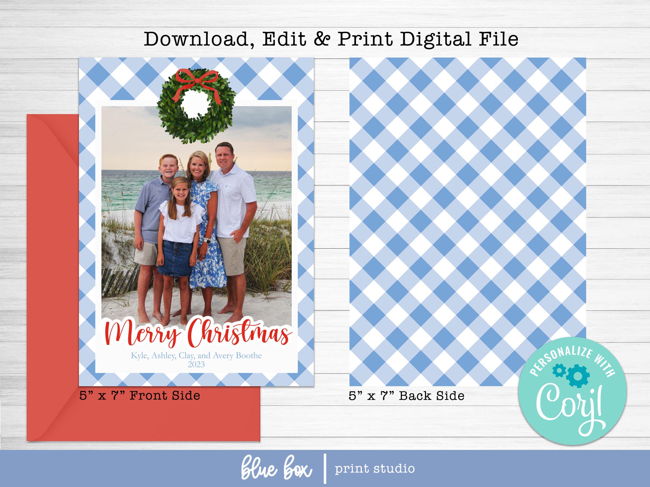 Printable, Editable Blue Gingham Christmas Card, Green Wreath Photo ...
