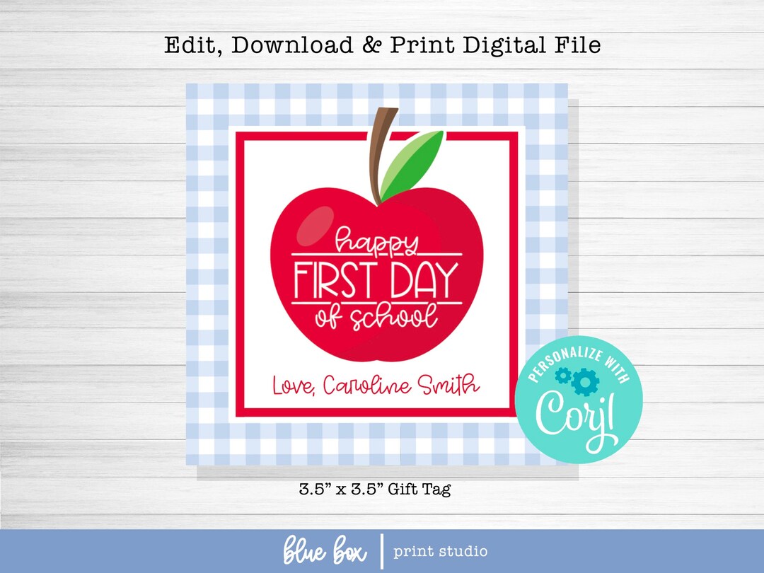 Editable Apple Gift Tag, First Day of School Gingham (digital Download ...