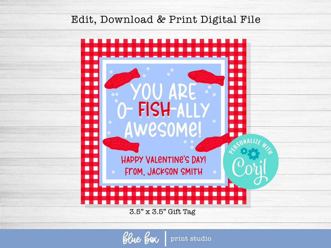 Editable Printable Gummy Fish Valentine Gift Tag Treat Red Gingham Blue ...