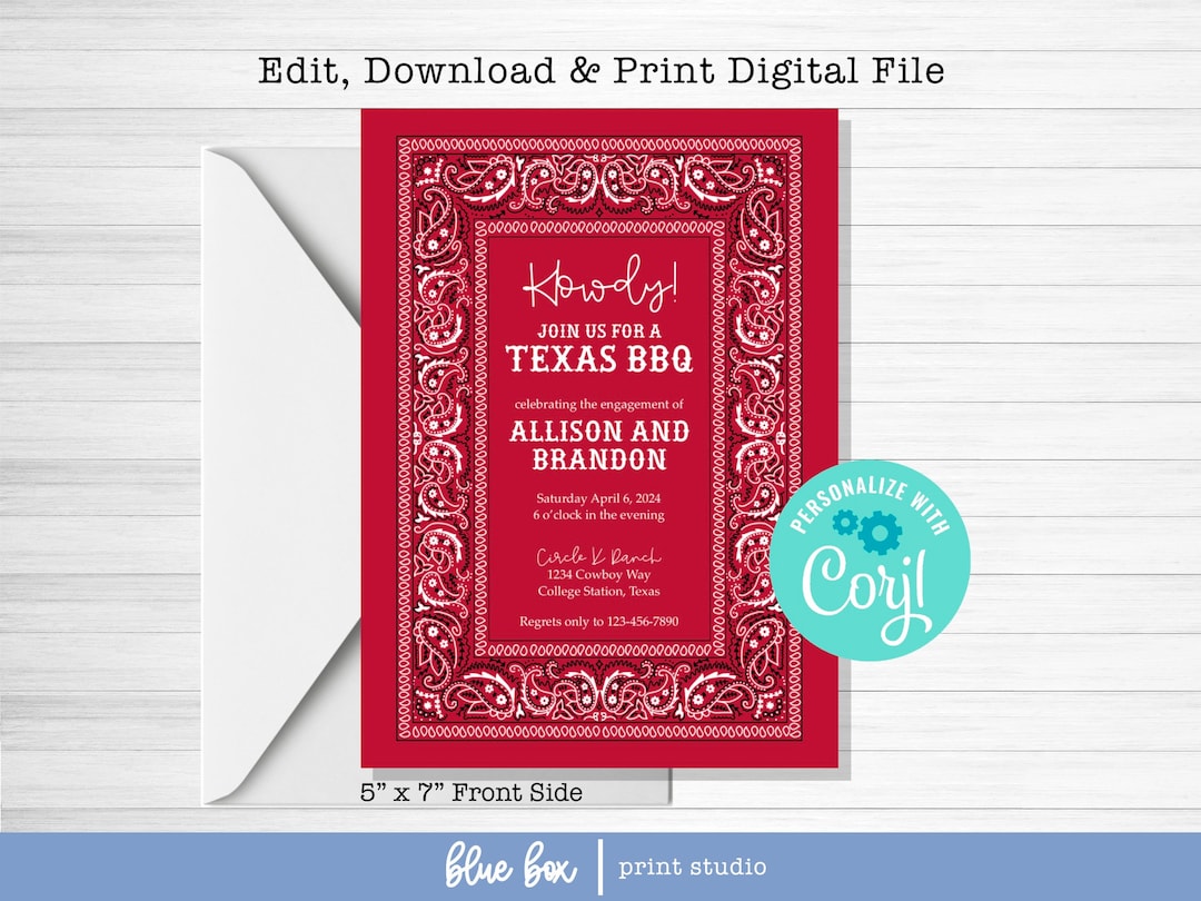 Editable Printable Texas BBQ Barbecue Party Shower Invitation Bandana ...