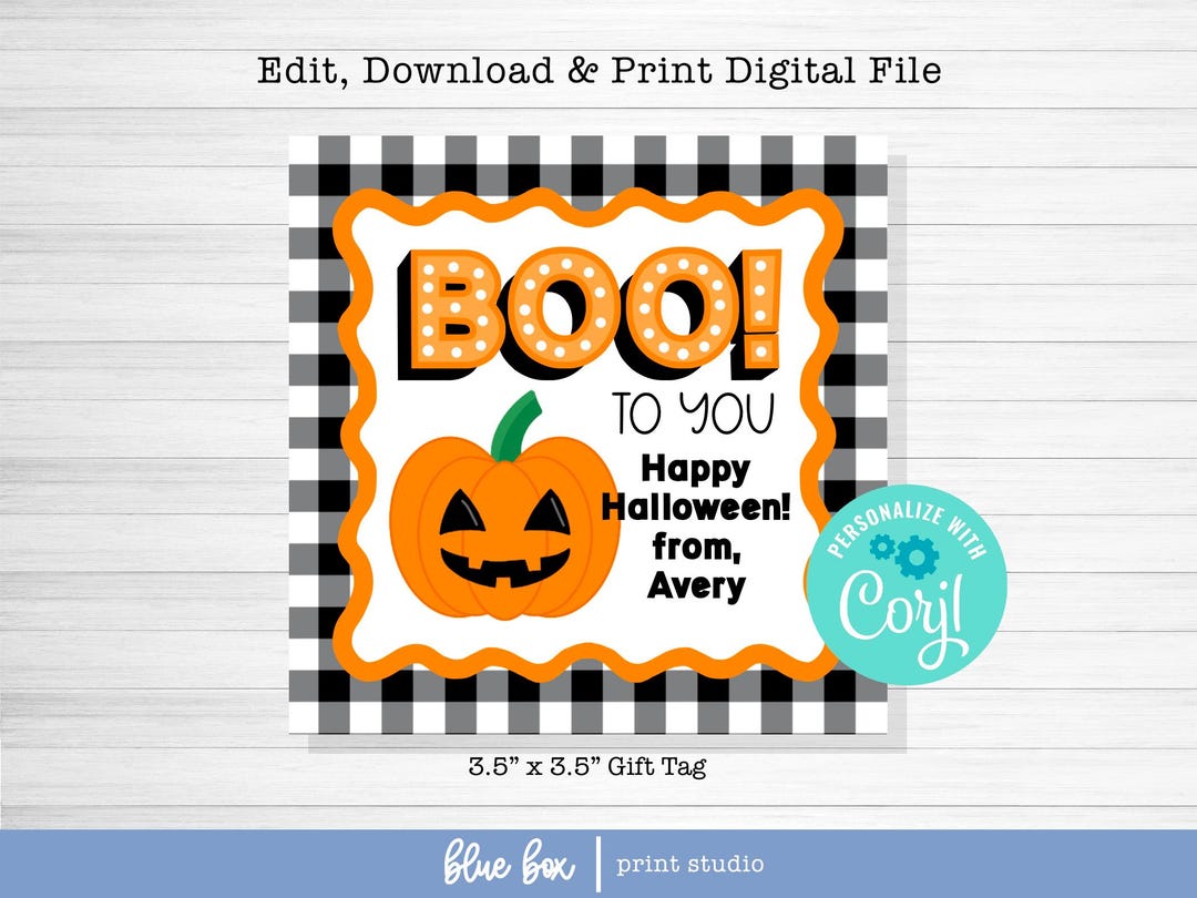 Editable Fall Pumpkin Gift Tag: "boo to You" Gingham (corjl Digital ...