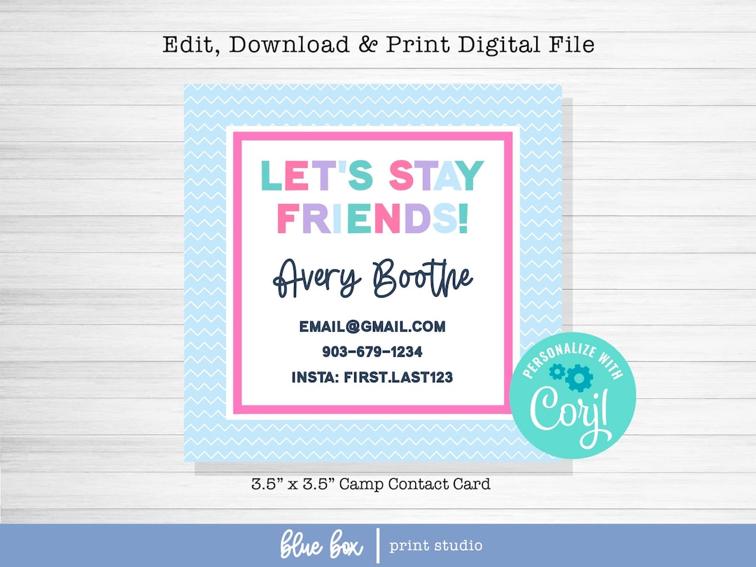 Editable Printable Camp Contact Card Overnight Camp Let's Stay Friends ...