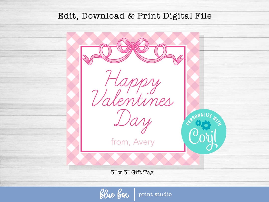 Personalized Valentines Gift Tag: Pink Gingham Bow (digital Download ...
