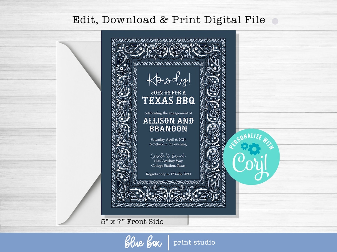 Editable Printable Texas BBQ Barbecue Party Blue Bandana Shower ...