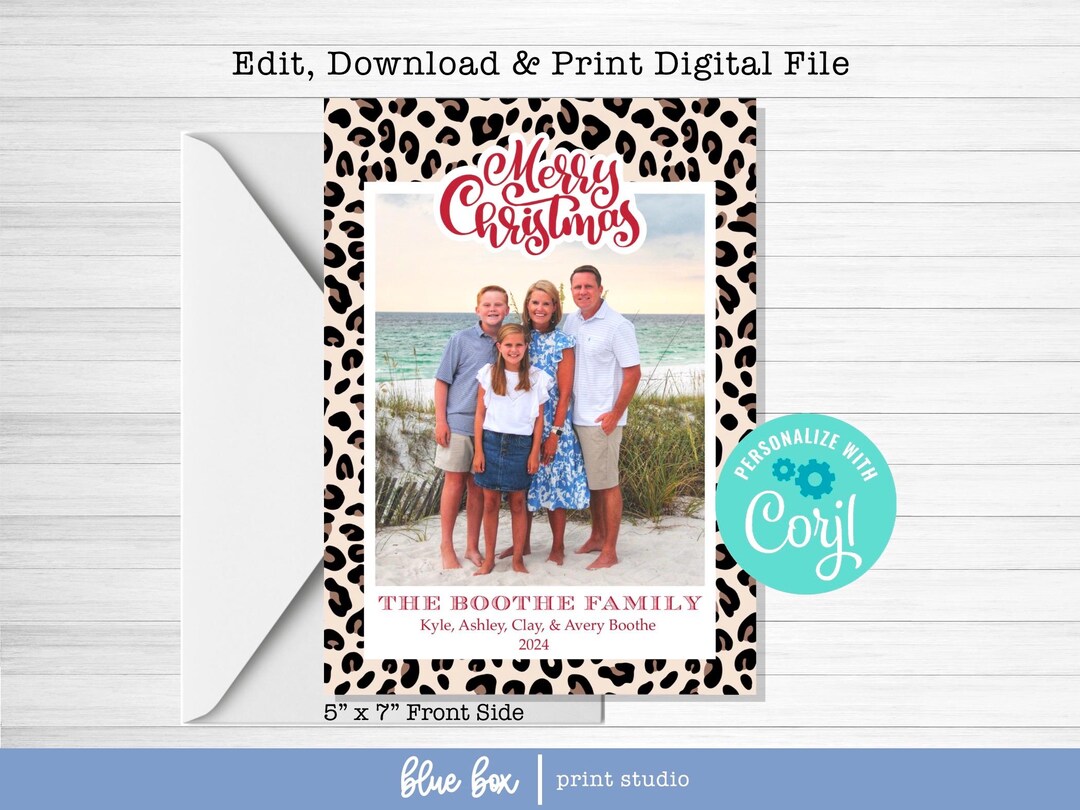 Editable Printable Leopard Print Calligraphy Merry Christmas Photo Card ...