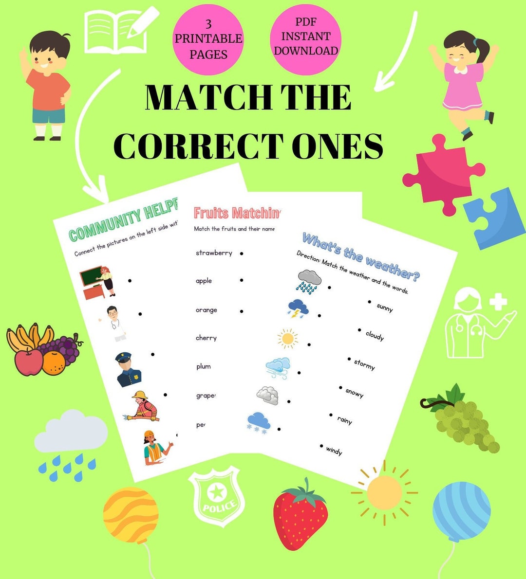 Kids Printable Worksheets Kids Matching Activity Homeschool - Etsy