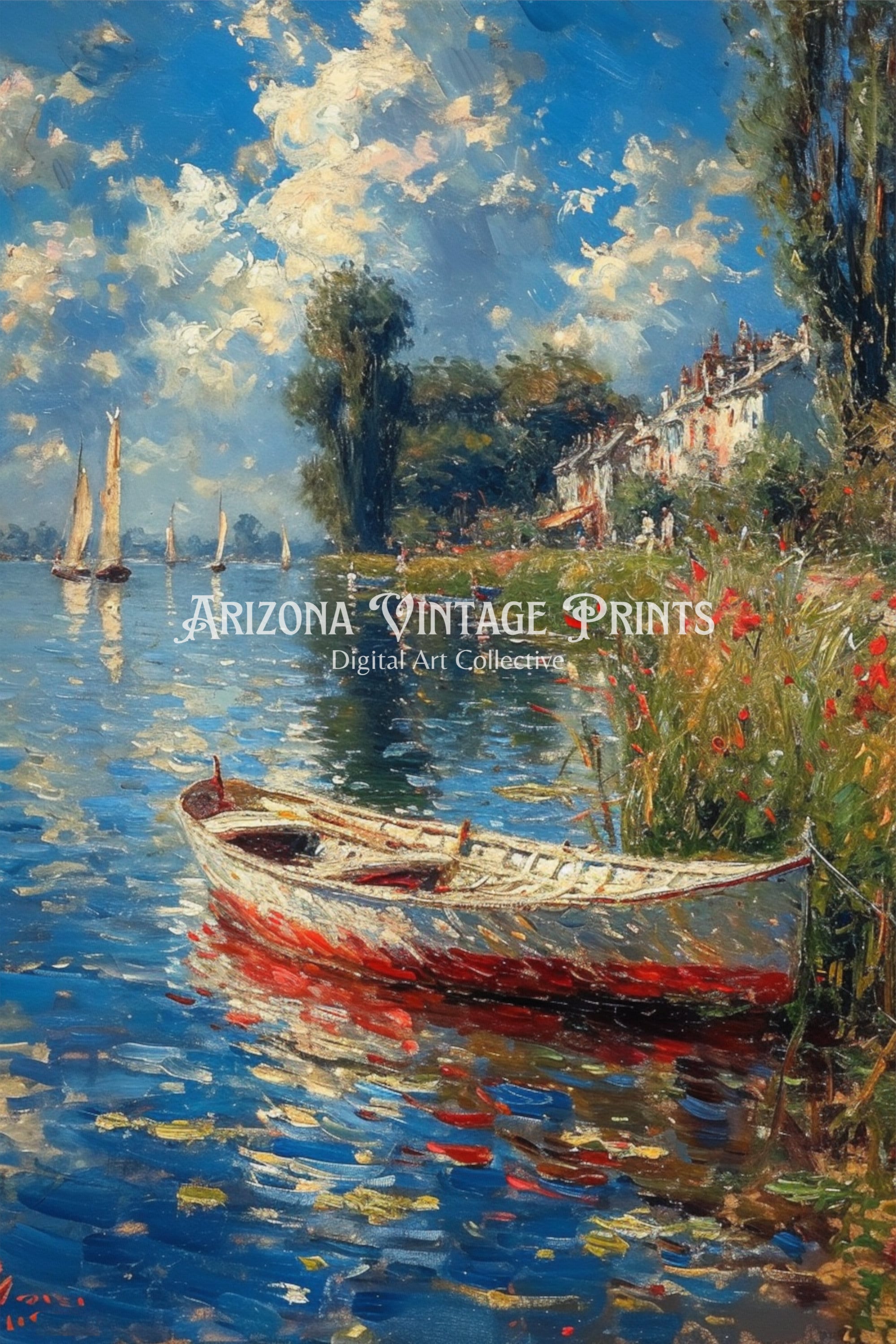 PRINTABLE Row Boat on the River Impressionist Oil Painting Vintage ...