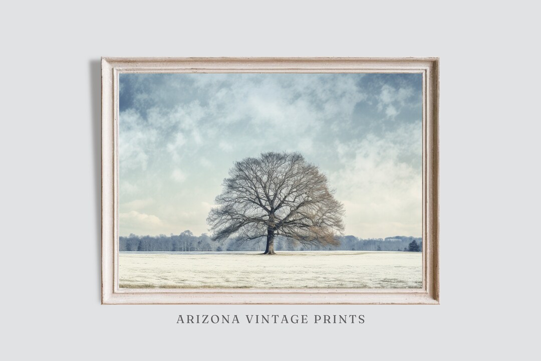 Vintage Winter Landscape Print: Lone Tree Farmhouse Art (digital ...