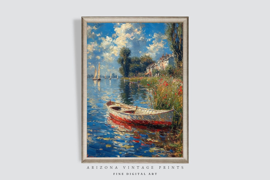 PRINTABLE Row Boat on the River | Impressionist Oil Painting | Vintage ...