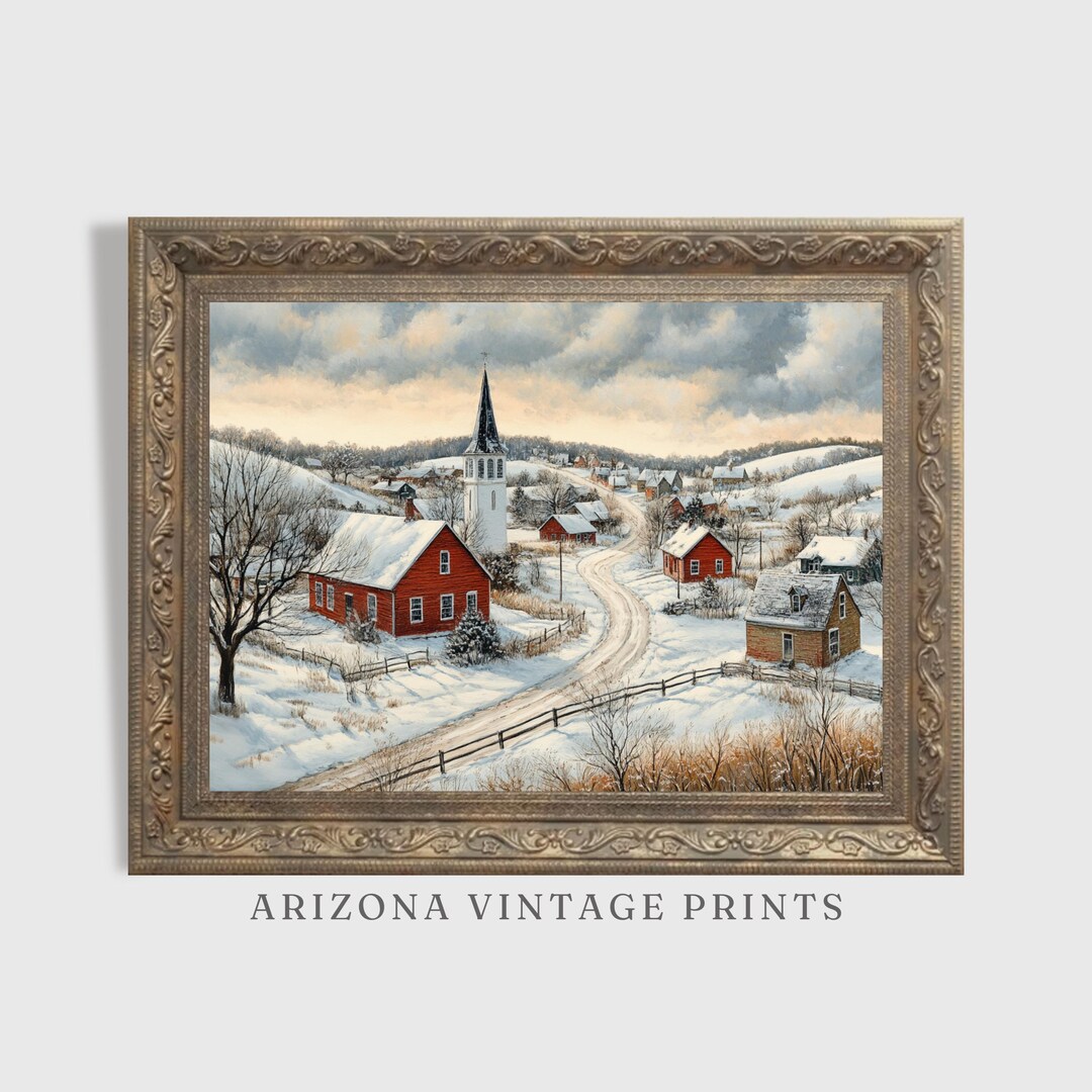 PRINTABLE - Snowy Morning | Vintage Oil Painting | Rustic Christmas ...