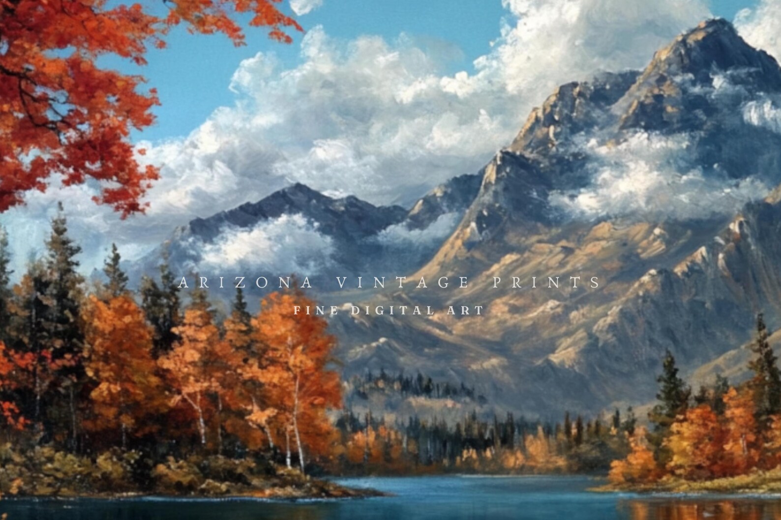 PRINTABLE - Mountainside Lake in the Fall | Rustic Farmhouse Painting ...