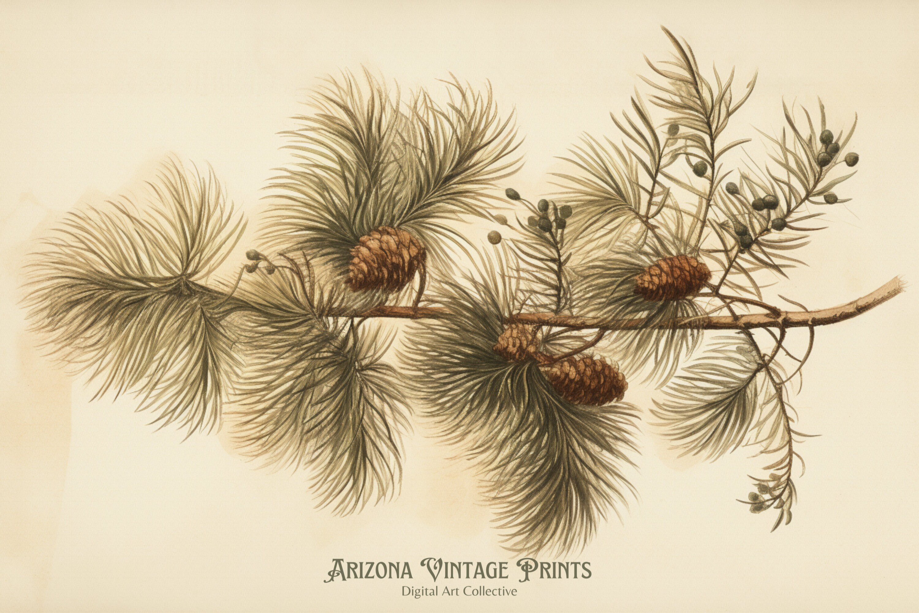 PRINTABLE Antique Fir Tree With Pine Cones Drawing Vintage Botanical ...