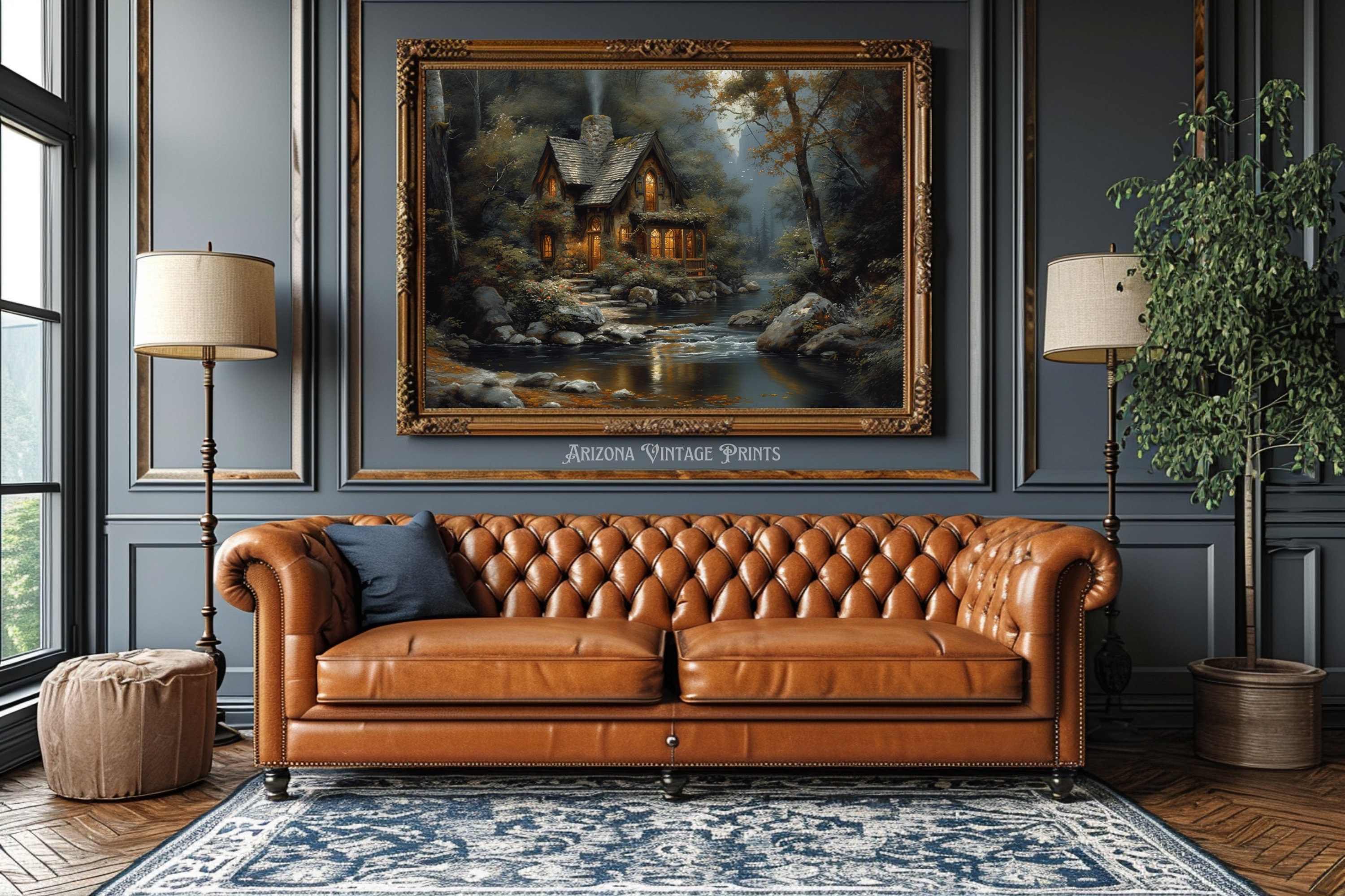 PRINTABLE Stone Cabin in the Forest Rustic Landscape Painting Farmhouse ...