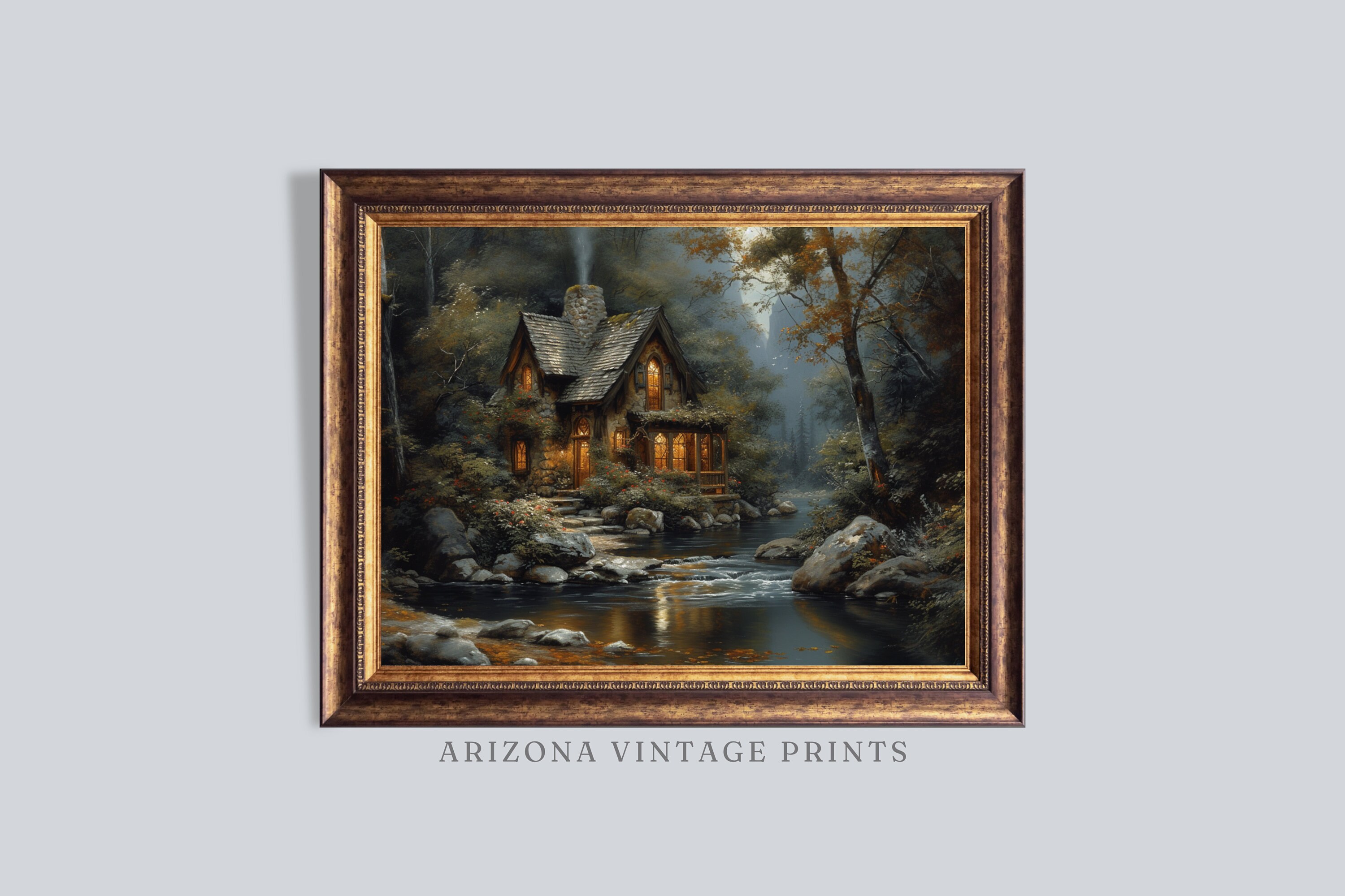 PRINTABLE Stone Cabin in the Forest Rustic Landscape Painting Farmhouse ...