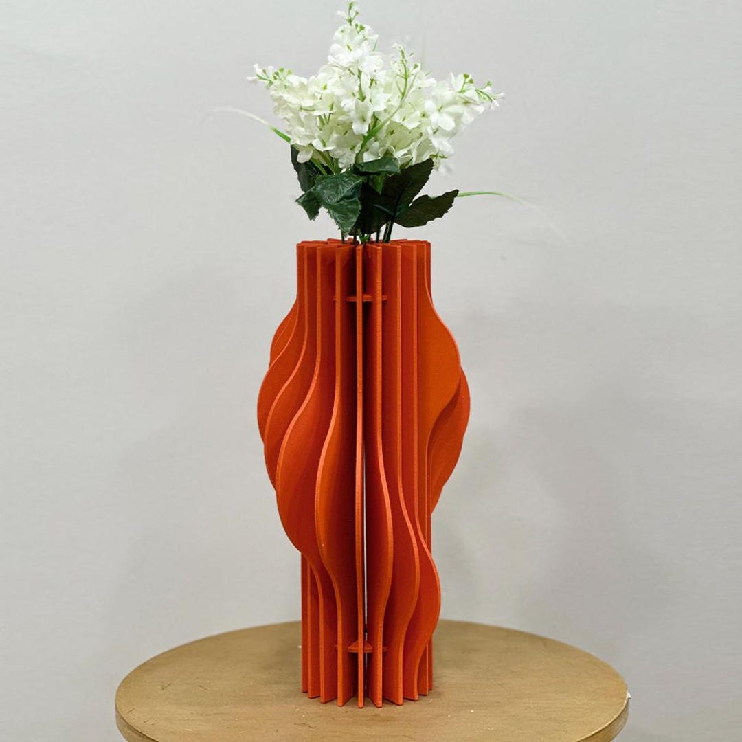 Orange Wood Wave Vase: Modern Parametric Sculpture, Dried Flower ...