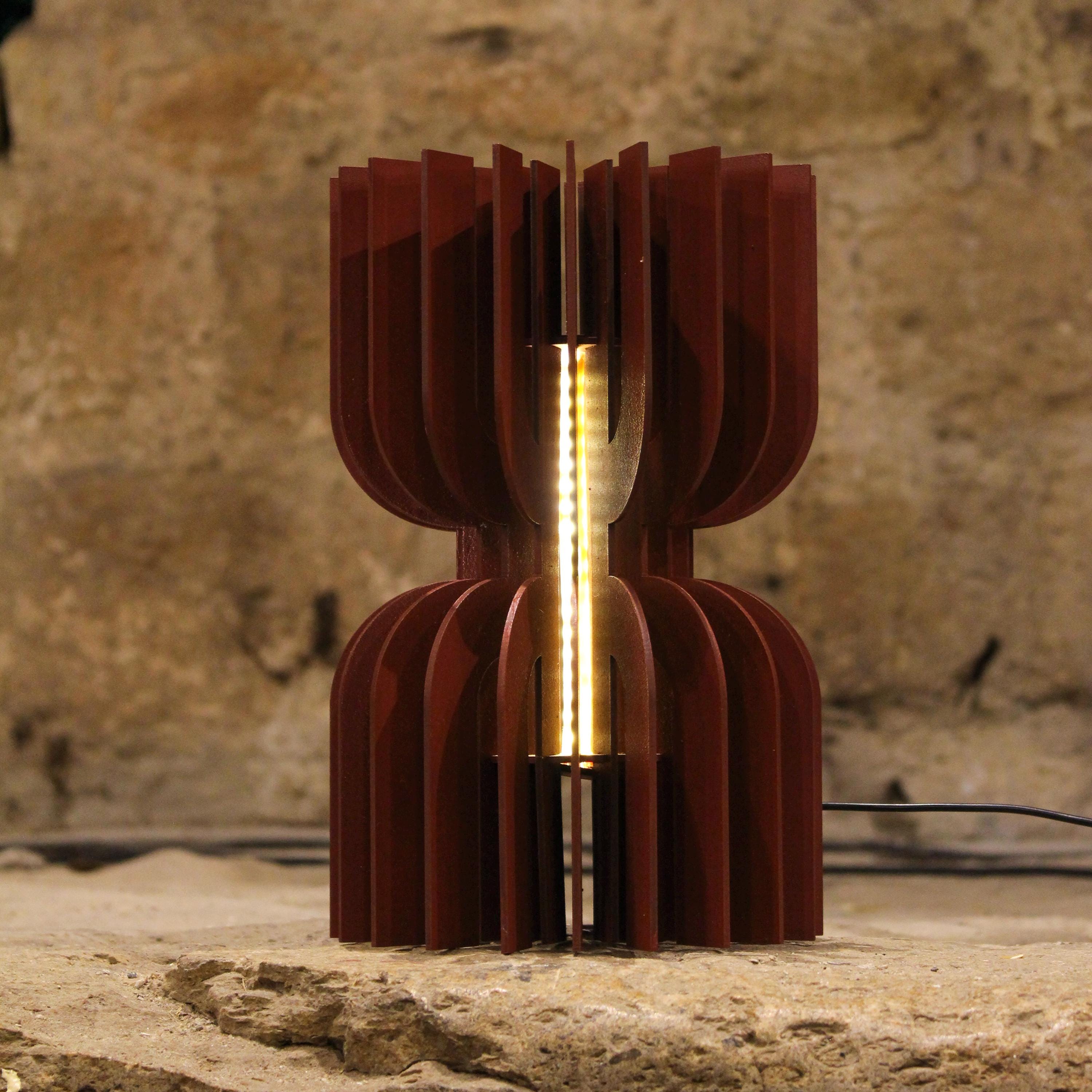 Claret Red Wooden Table Lamp – Handmade Mid Century Modern Night Light ...