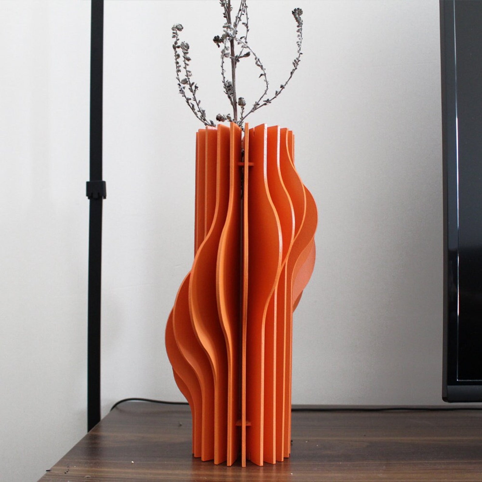 Orange Wood Wave Vase: Modern Parametric Sculpture, Dried Flower ...