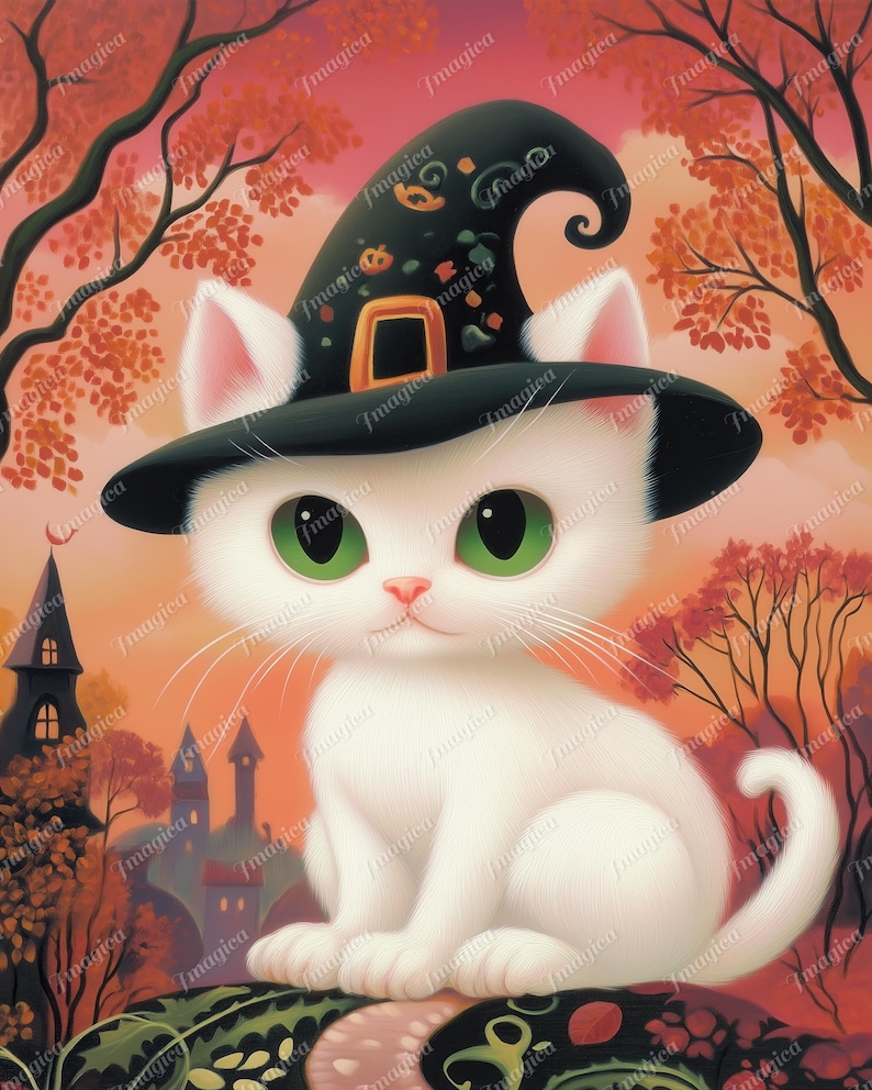 Halloween Cat, Witch Hat Digital Download, Whimsical, Wall Art ...