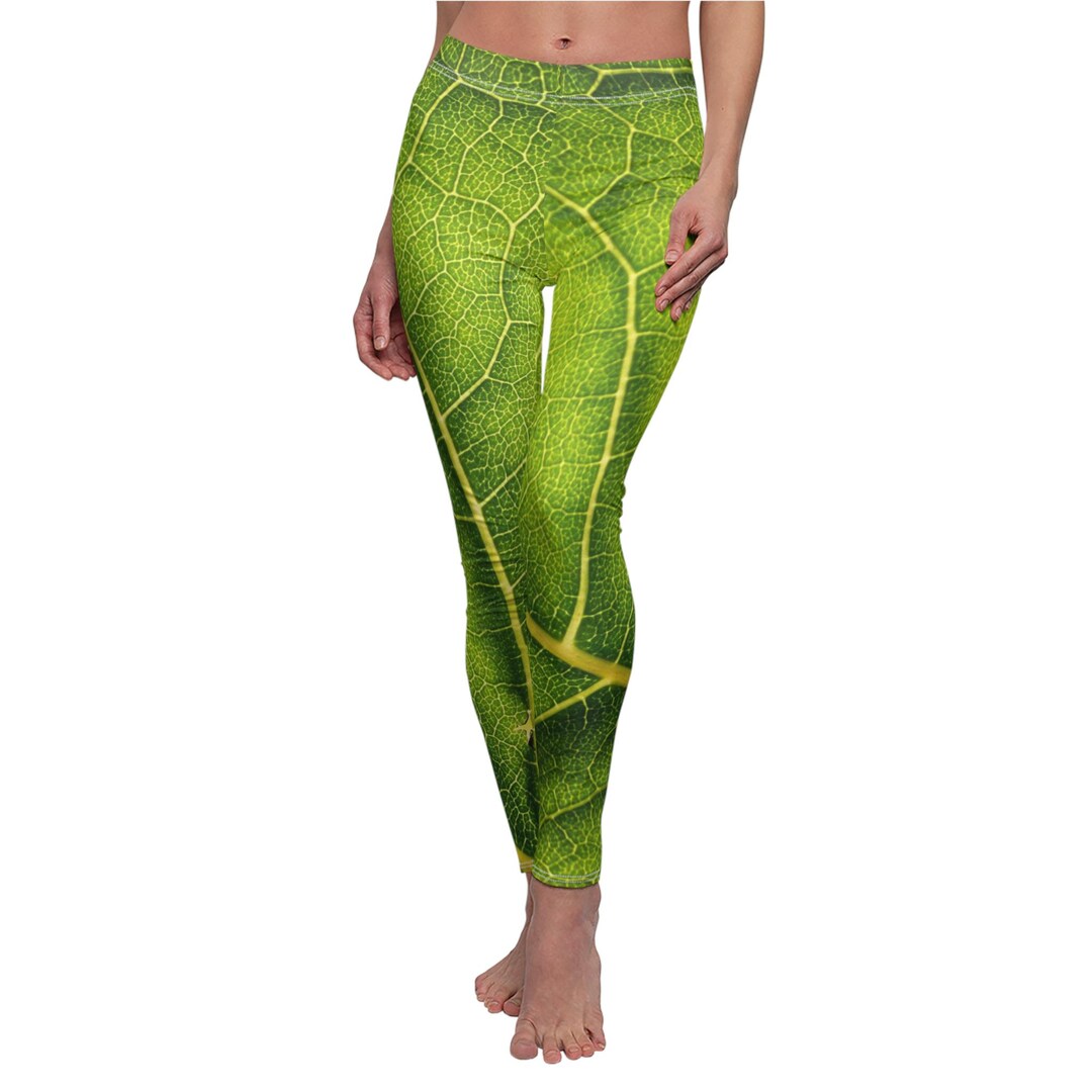 Green Leaf Yoga Pants, Leaf Vein Textured Print Leggings for Women ...