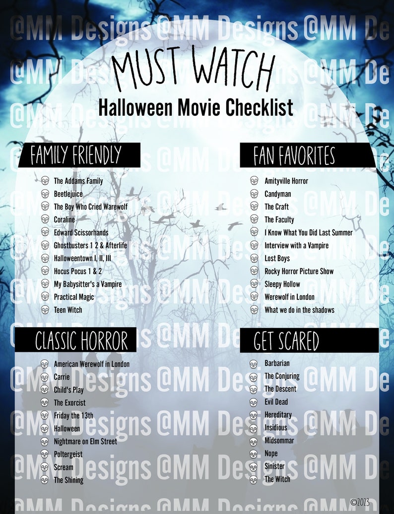 Halloween Movie Check List, Digital Download, Movie Night, Scary Movies ...