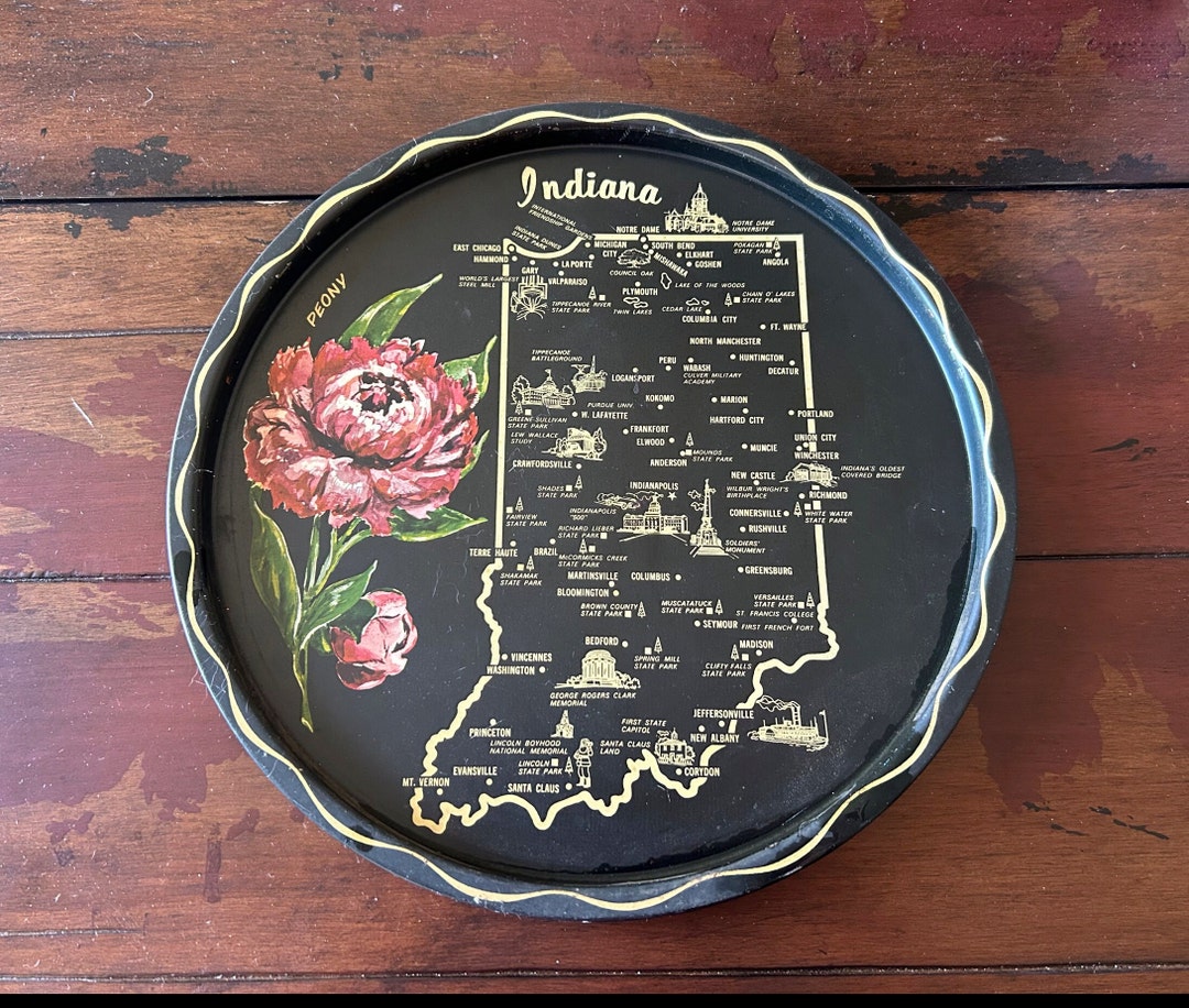 Vintage Wall Decor, 1960s Indiana State Map With State Flowers Peony ...