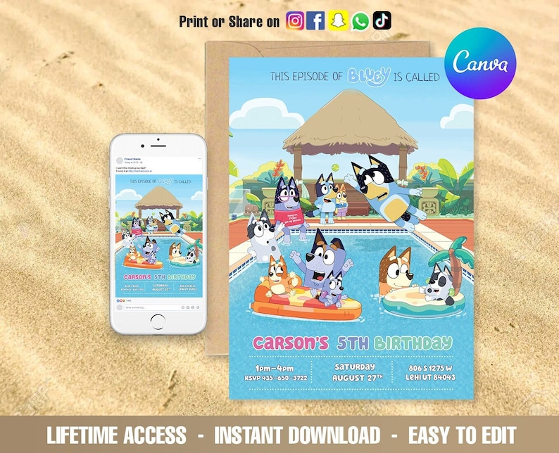 Bluey invitation bluey pool party bluey birthday invitation - Etsy México